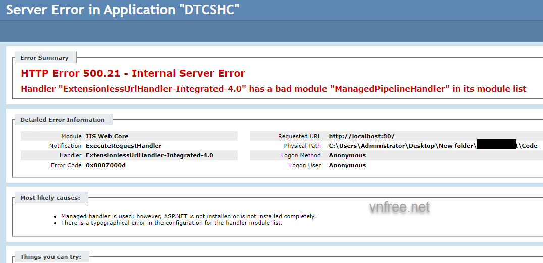 Sửa lỗi HTTP Error 500.21 Handler “ExtensionlessUrlHandler-Integrated-4.0” has a bad module ...